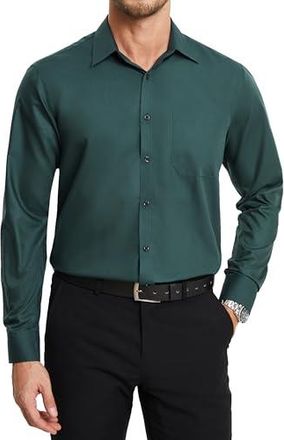 Hisdern Chemise Vert foncé à Manches Longues pour Hommes Chemise Habillée en Fibre de Bambou Coupe Régulière Chemise sans Repassage avec Poche,3XL