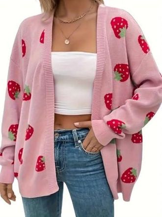 Generic Cardigan en tricot &agrave; motif fraise rose pour femme, pull &agrave; manches longues ouvert sur le devant, rose, 40-42