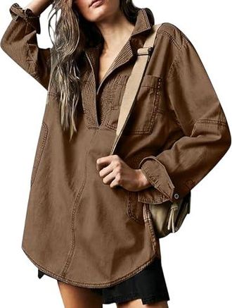 Generic Pull en jean d&eacute;contract&eacute; &agrave; col en V pour femme, coupe ample, manches longues, veste en jean avec, marron, XL