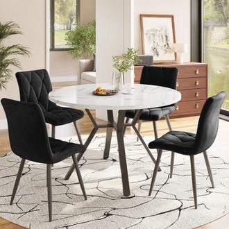 Generic Esstisch rund mit 4 St&uuml;hlen, 5-teiliges Esszimmer-Set, runder MDF-Tisch mit Marmoroptik und Metallbeinen, ergonomische Wildlederst&uuml;hle, modern f&uuml;r K&uuml;c