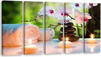 Feeby Leinwandbild 200x80 cm Spa Zen Steine 5 TLG Bild Kunstdruck Wand Bild Deko Wohnzimmer Wohnungs Kerzen Welness Orchidee Orientalisch Beige