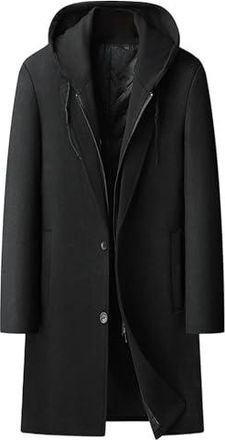 Generic Trench long en laine m&eacute;lang&eacute;e &agrave; simple boutonnage col crant&eacute; daffaires d&eacute;contract&eacute; dhiver caban capuche amovible pour homme, Noir, XL