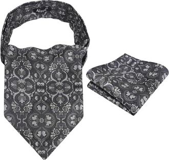 Alizeal Ascot Ensemble cravate pour homme Motif floral r&eacute;tro pour banquet et carr&eacute; de poche, Noir + gris + blanc, taille unique