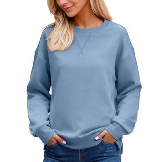 Generic 2026 Printemps Ourlet fendu Col Rond, Sweatshirt &agrave; manches longues D&eacute;contract&eacute; Coupe ample Pull Doux Chaud Automne Hiver Mode Couleur unie Haut, bleu,