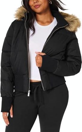 Generic Doudoune courte &agrave; capuche en fausse fourrure pour femme, manteau bomber matelass&eacute; chaud et rembourr&eacute;, tendance avec poche &agrave; fermeture &eacute;clair, manteaux