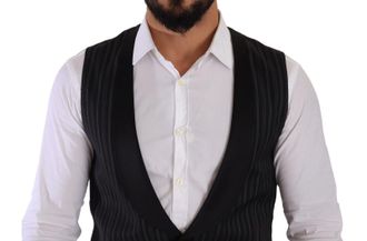 Dolce & Gabbana Mens Black Striped Wool Silk Waistcoat Vest Virgin Polyester Clothing