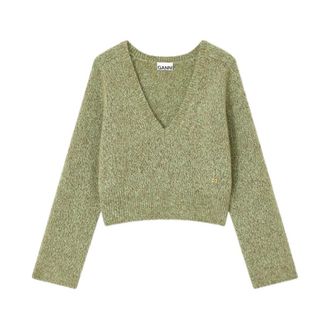 Ganni Brushed Mohair Mix Deep V-neck Sweater - - Knitwear - Damen - Gr&uuml;n - S