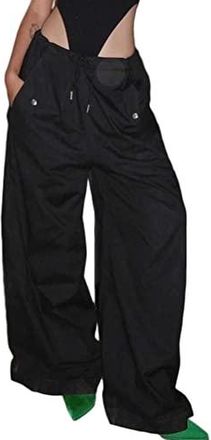 ORANDESIGNE Pantalon Cargo Femmes Y2K Baggy Rétro Loose Denim à Bretelles Multi-Poche Streetwear Jambes Larges Taille Haute Droites K Noir M