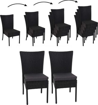 Mendler 2er-Set Poly-Rattan Stuhl HWC-G19, Balkonstuhl Gartenstuhl, stapelbar - schwarz, Kissen dunkelgrau