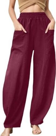 Generic Pantalon en coton et lin pour femme - Jambe large - Pantalon de plage d&eacute;t&eacute; confortable - Pantalon de yoga Palazzo - XIYU26052, Rouge, XXL