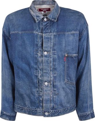 Junya Watanabe Homme, Vestes, Bleu, Taille: L Veste en lin pur imprim&eacute; denim