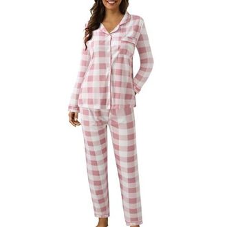 Generic Ensemble de pyjama 2 pi&egrave;ces pour femme avec boutons et manches longues, pantalon long, v&ecirc;tement de d&eacute;tente doux avec poches, Multicolore - M, XXL