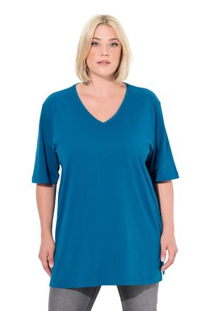 Ulla Popken Damen gro&szlig;e Gr&ouml;&szlig;en &Uuml;bergr&ouml;&szlig;en Plus Size T-Shirt, Basic, Relaxed Fit, V-Ausschnitt, Halbarm blaugr&uuml;n 50+ 515283768-50+
