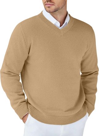 Coofandy V-Ausschnitt Strickpullover Pullover Herren V Neck M&auml;nner Winterpullover Basic Sweatershirt Business Pulli Khaki XXL