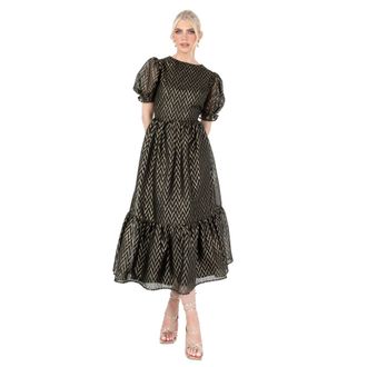 Lovedrobe Womens Midaxi Dress Ladies Round Neck Short Puff Sleeves Metallic Zig-Zag Tie-Back A-line for Party Evening Occasion, Black, 46