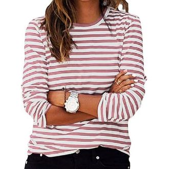 Generic Chemise rayée à manches longues pour femme Y2K - Chemise rayée décontractée à col rond - T-shirt ample - Léger - Confortable - Haut de sport basique, 