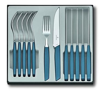 Victorinox by Swiss Army Modern Ensemble de couverts pour 6 personnes, 12 pièces, y compris couteau à steak tranchant à lame crantée, manches en plastique, bleu bleuet