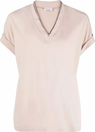 Brunello Cucinelli Femme, Blouses et Chemises, Beige, Taille: 42 FR Monili V-neck T-shirt