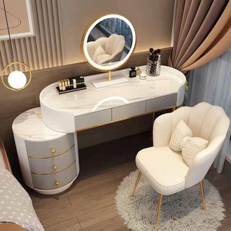 Generic Schminkstuhl, LED-Schminktisch mit Einstellbarer Helligkeit, 3 Farbmodi, modernes Frisiertisch-Set mit Hocker und Seitenschrank, stilvolles Design in 