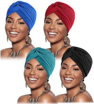 Dreshow 4 Pièces Turban Africain pour Femme Bonnet Pré-noué Bonnet Chimio Casquette de Perte de Cheveux Chapeau