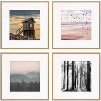 Photolini Alu-Bilderrahmen 30x30 cm Gold schmal, 4er Set Metall-Rahmen aus Aluminium, bruchsicheres Acrylglas, mit Passepartout f&uuml;r Fotos 20x20 cm, Zubeh&ouml;r, mod