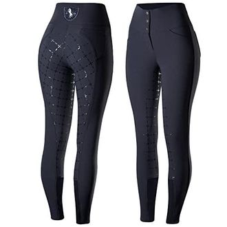 Horze Femme, Pantalon d&eacute;quitation Taille Haute Desiree, Fond int&eacute;gral Grip Silicone, Poche t&eacute;l&eacute;phone, Bleu, 42