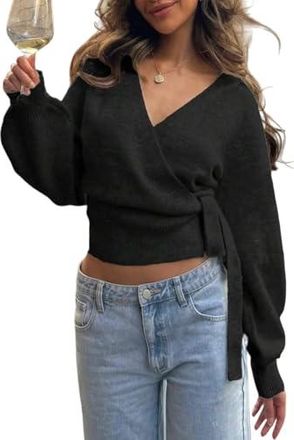 Generic Pull en tricot &agrave; col en V crois&eacute; pour femme avec noeud irr&eacute;gulier, haut enveloppant &agrave; manches longues, &eacute;paules tombantes c&ocirc;tel&eacute;es, hauts en tricot d&eacute;c