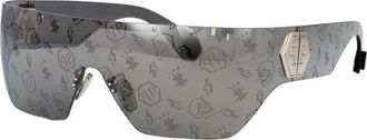 Philipp Plein unisex, Accessoires, Noir, Taille: ONE Size Skull & Lightning Bolt Print Shield Lunettes de soleil