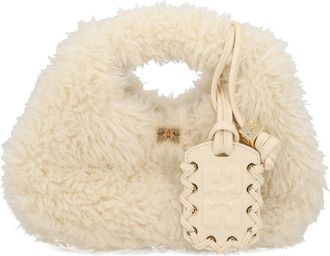 Ganni Womens Faux Fur Hobo Bag Ivory Recycled Polyester Handbags Hand