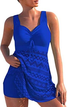 Minetom Maillot de Bain 2 Pièces Femme Tankini Ensembles Maillots Bikini Set Dentelle Plage sans Manches Haut et Short A Marine XXL