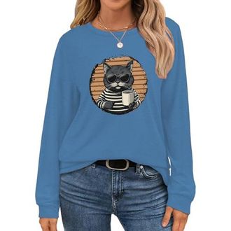 Generic T-shirt &agrave; manches longues pour femme, motif chat dr&ocirc;le et col rond | V&ecirc;tements tendance dautomne | Coupe ample | pour v&ecirc;tements de rue, bleu, XXL