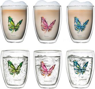 Creano doppelwandiges Tee-Glas, Latte Macchiato, Thermobecher Schmetterling | 250ml in exklusiver Geschenkbox (6er Set)