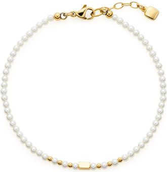 Leonardo Armband Ciao Doro - Arm-Kette aus goldfarbenem Edelstahl - filigranes Perlenarmband aus weißen Imitaions-und goldenen Edelstahlperlen - 17,5-19,5 cm L