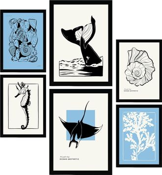 Nacnic Set mit 6 Postern in schwarzer Tinte. Stachelrochen und Wal. Kunstdrucke von Meer und Ozean für Innenarchitektur und Dekoration. A3 & A4 ohne Rahmen