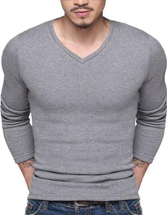 Generic Sous-v&ecirc;tement uni col en V T-shirt thermique : maillot de corps thermique en polaire pour homme hiver chaud d&eacute;contract&eacute; chemise thermique manches long