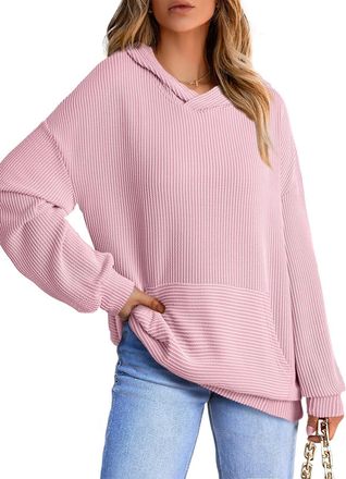 Dokotoo Pullover Damen Herbst Hoodie Langarm mit Kapuze Sweatshirt Tops L&auml;ssig Einfarbig RIPP Stricken Oberteile Kapuzenpullover Rosa 2XL