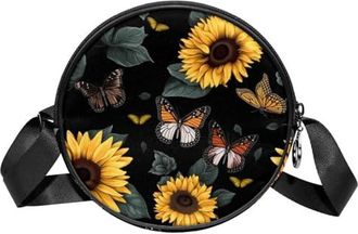 Generic Sac &agrave; bandouli&egrave;re rond pour femme, motif tournesols et papillons, petit sac &agrave; bandouli&egrave;re avec fermeture &eacute;clair, bretelles r&eacute;glables, sac &agrave; main rond 