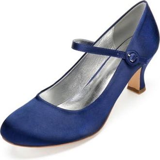 Generic Femme &Eacute;l&eacute;gant Chaussures De Mari&eacute;e Et&eacute; Rond Talons Bas Mariage Soir&eacute;e Chaussures Femmes 6.5Cm,Dark Blue,37 EU