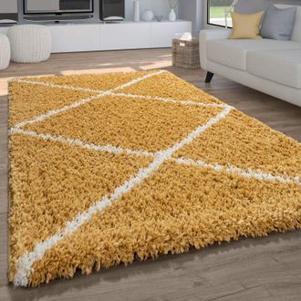 Paco Home Hochflor Teppich Wohnzimmer Shaggy Langflor Skandinavisch Rautenmuster Modern, Grösse:160x220 cm, Farbe:Gelb