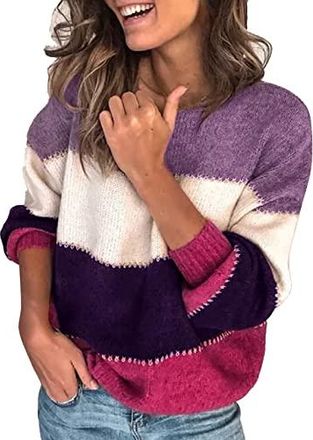 Generic Tunique Femme Hiver Pull Femme Chic Et Original Pulls Casual Manches Longues Col Rond Bloc De Couleur Patchwork Pull en Tops Ample Hiver Chic Purple X
