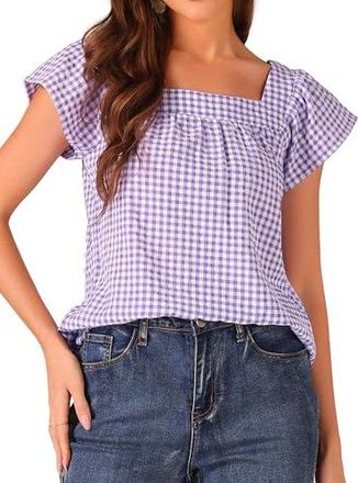 Allegra K Hauts &agrave; Carreaux Femme T-Shirts &agrave; Col Carr&eacute; d&Eacute;t&eacute; Chemisiers Manches Courts D&eacute;contract&eacute;s Mauve S