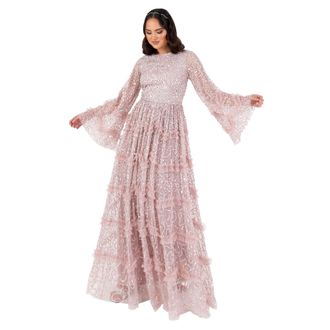 Maya Womens Maxi Ladies Modest Round Neck Long Bell Sleeve Sequin Embellished Tiered Ruffle A-line Bridesmaid Prom Dress, Frosted Pink, 40