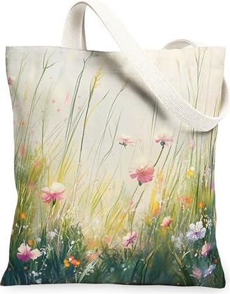 Generic Spring Impatiens Sac fourre-tout en toile pour le shopping 33 x 38 cm, motif fleurs de campagne, sac d&eacute;picerie r&eacute;utilisable pour femme, peinture de vo