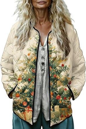 Generic Veste matelassée fantaisie à motif de Noël pour femme, manteau matelassé imprimé festif, style rétro, veste rembourrée à manches longues avec boutons,