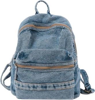 Generic Sac &agrave; dos d&eacute;cole en denim de grande capacit&eacute; avec fermeture &eacute;clair r&eacute;tro d&eacute;contract&eacute; pour le travail et les voyages, bleu clair