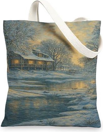 Generic Sacs fourre-tout en toile avec motif paysage enneigé artistique, sacs dépicerie réutilisables, légers et lavables avec bandoulière pour voyage, plage,