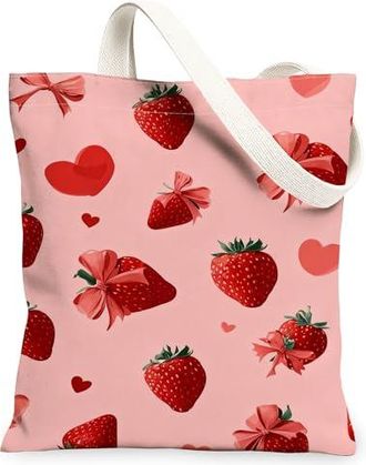 Generic Sacs fourre-tout en toile motif fraise, motif baies mignons, sacs d&eacute;picerie r&eacute;utilisables, chic printanier, l&eacute;ger, lavable pour le shopping, p&ecirc;che, 13