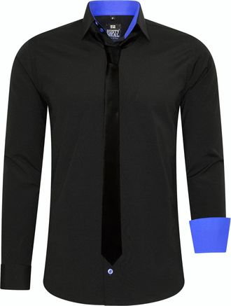 Rusty Neal Herren-Hemd Premium Slim Fit Langarm Stretch Kontrast Hemd mit Krawatte Business-Hemden Outfit Freizeithemd Set 44_99, Gr&ouml;&szlig;e:6XL, Farbe:Schwarz/Sax