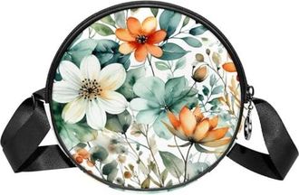 Generic Petit sac &agrave; bandouli&egrave;re circulaire pour femme, motif feuilles florales, sac &agrave; dos avec fermeture &eacute;clair, bretelles r&eacute;glables, sac &agrave; main rond d&eacute;contra