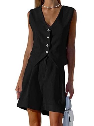 Onsoyours Femmes Ensemble Blazer Costume Caraco de Couleur Unie Blazer Gilet &agrave; sans Manches et Short avec Poches 2 Pi&egrave;ces Ensemble de Costume Ete A Noir L